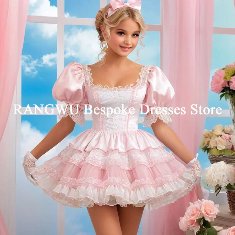 French Cosplay Evening Dresses Lace Tiered Puff Sleeve Maid Frilly Prom ...
