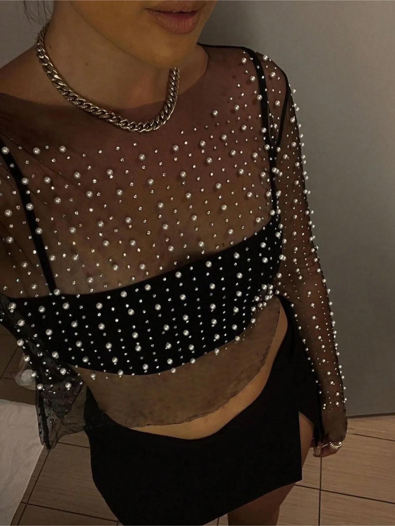 Sexy-Women-Fashion-Pearls-Beaded-Rhinestone-Detail-Sheer-Mesh-Crop ...