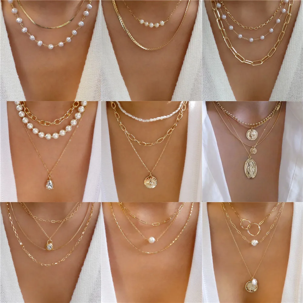 Trendy Gold-plate Geometric Beads Crystal Multilayer Necklace For Women ...