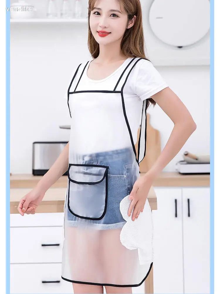 Transparent-apron-women-can-wipe-hands-with-pockets-household-kitchen ...