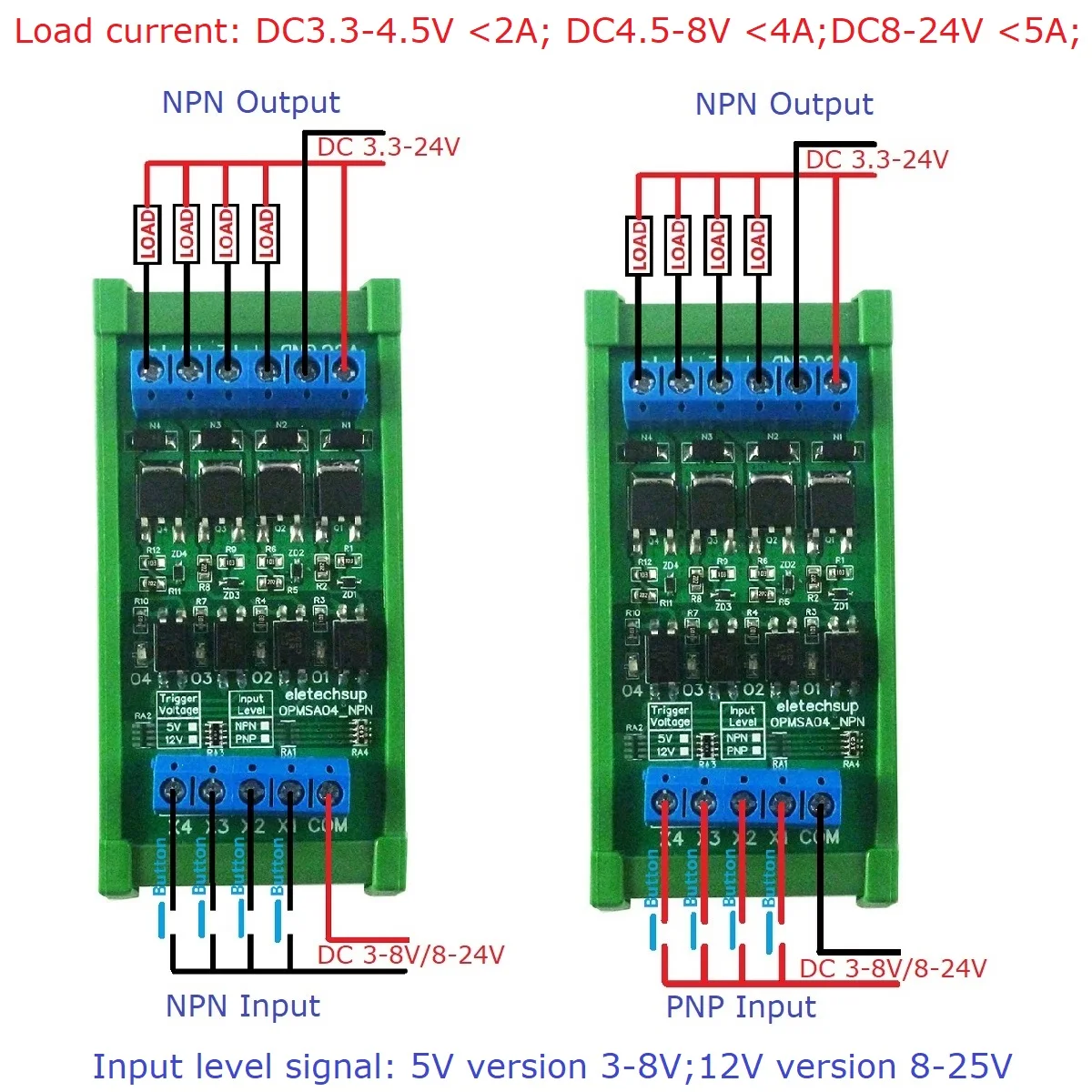 4CH Digital Logic Level Converter DC3.3 5 12 24V 5A NPN/PNP PLC Signal ...