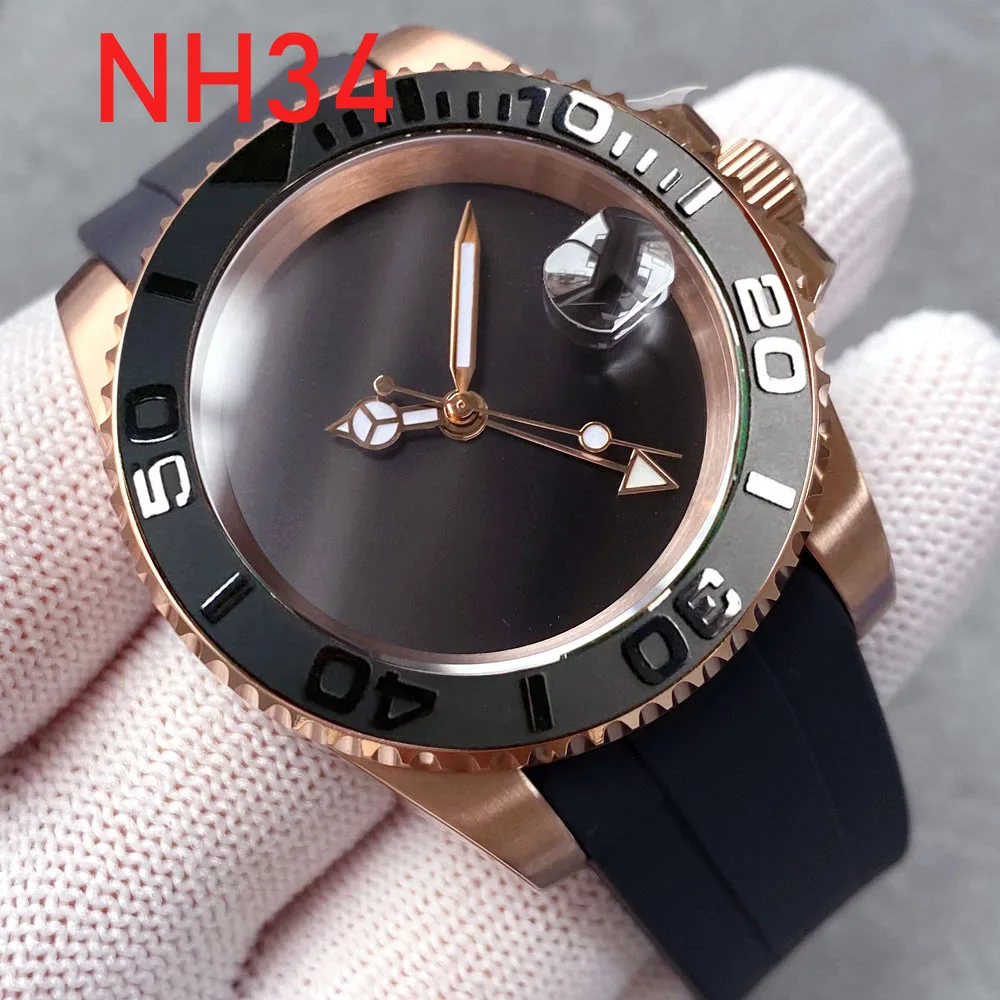 NH34A Rose Gold Mechanical Men Watch Sterile Black Dial Curved Rubber ...