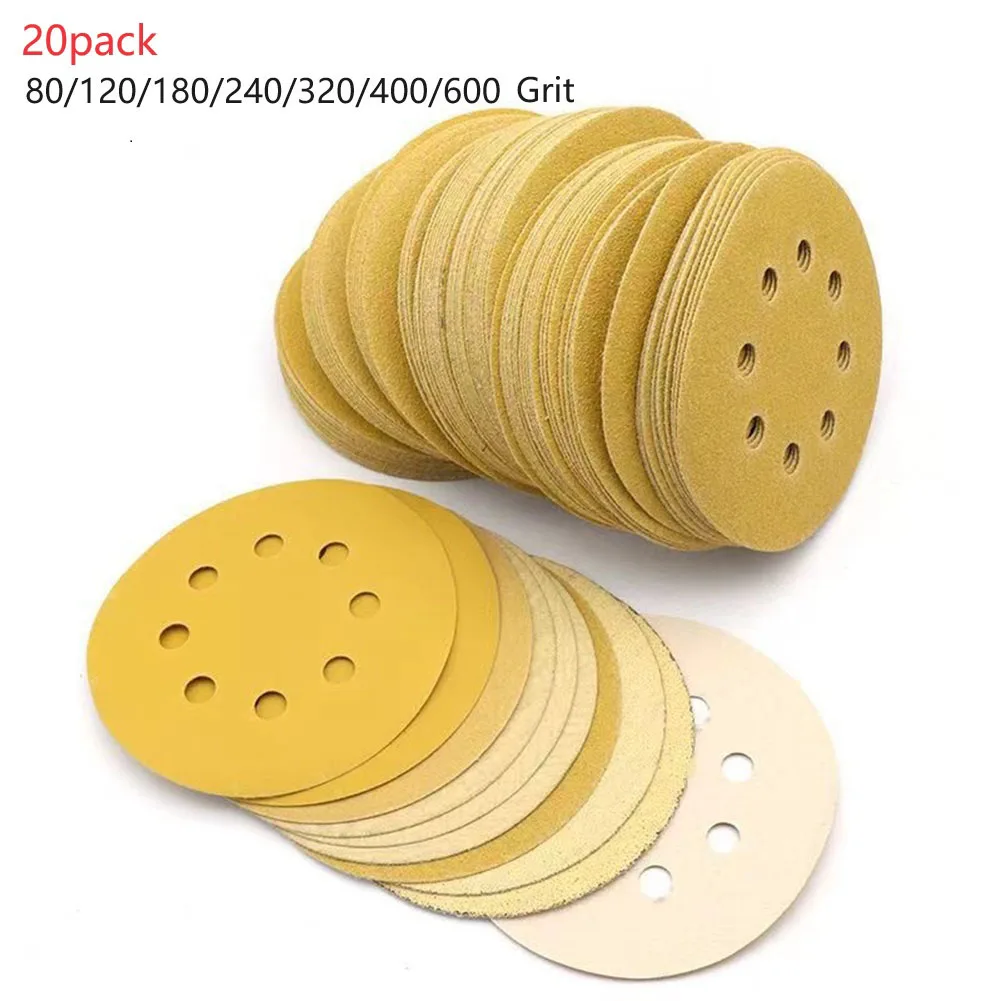 20PCS-Yellow-125mm-Sandpaper-With-8-Holes-Hook-Loops-Sandpaper-80-600 ...