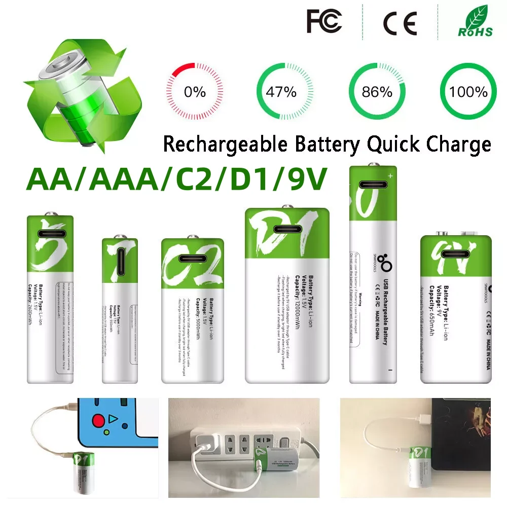 USB AAA/AA/9V/C2/D1 Rechargeable Li-ion Batteries AAA Battery 550mWH ...