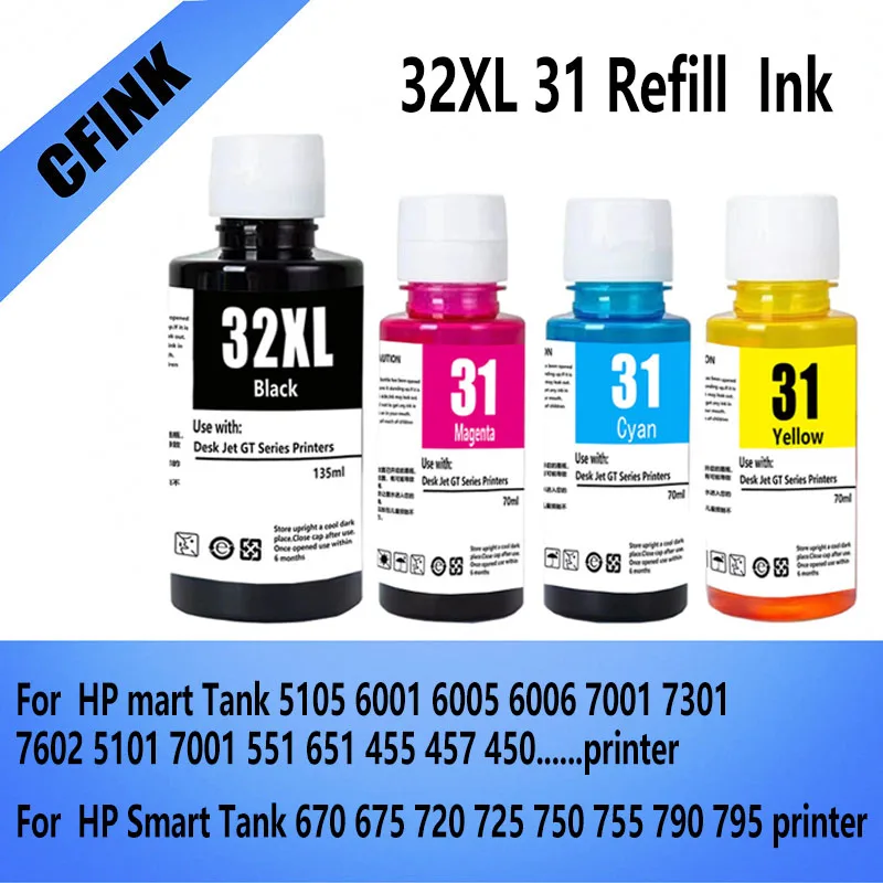 32XL 31 Refill Ink Bottles for HP 7301 6001 7602 5101 7001 551 651 455 ...