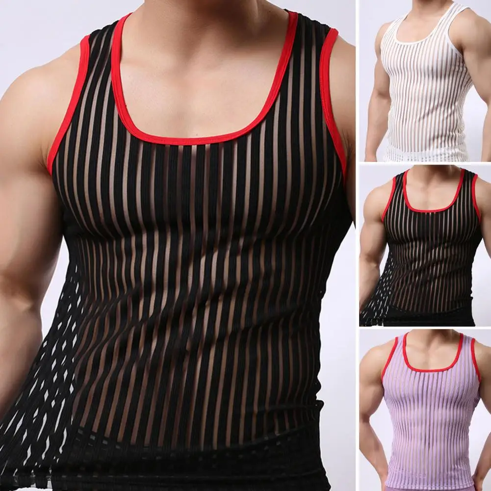 Summer-Men-Undershirt-Trendy-Sports-Vest-Striped-Shirt-Elastic-Mesh ...