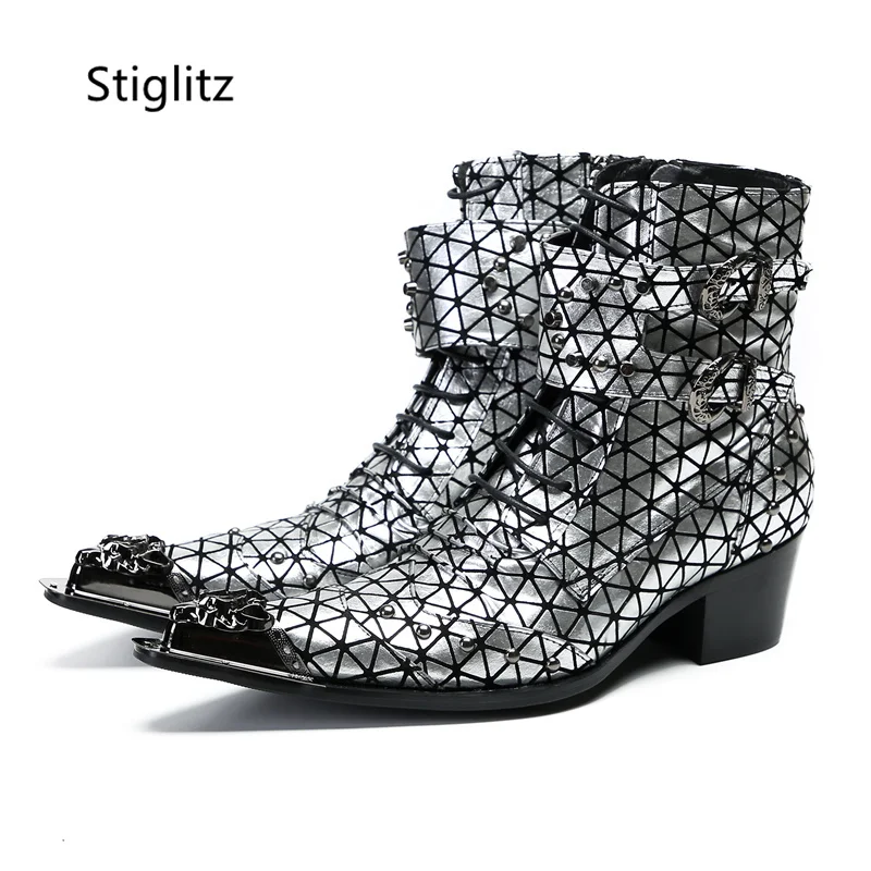 Silver-Genuine-Leather-Ankle-Boots-for-Men-Pointed-Toe-Metal-Decor ...
