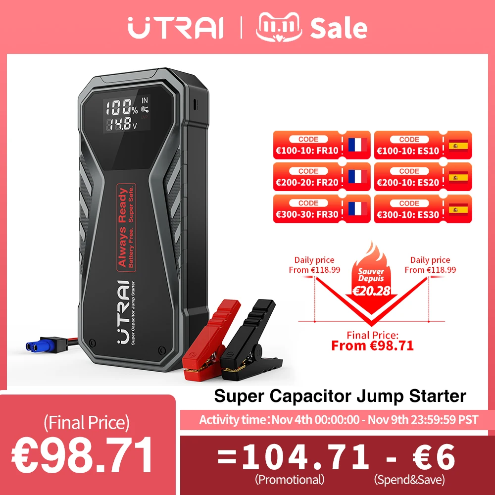 UTRAI Super Capacitor Car Jump Starter Super Safe Battery Less Quick ...