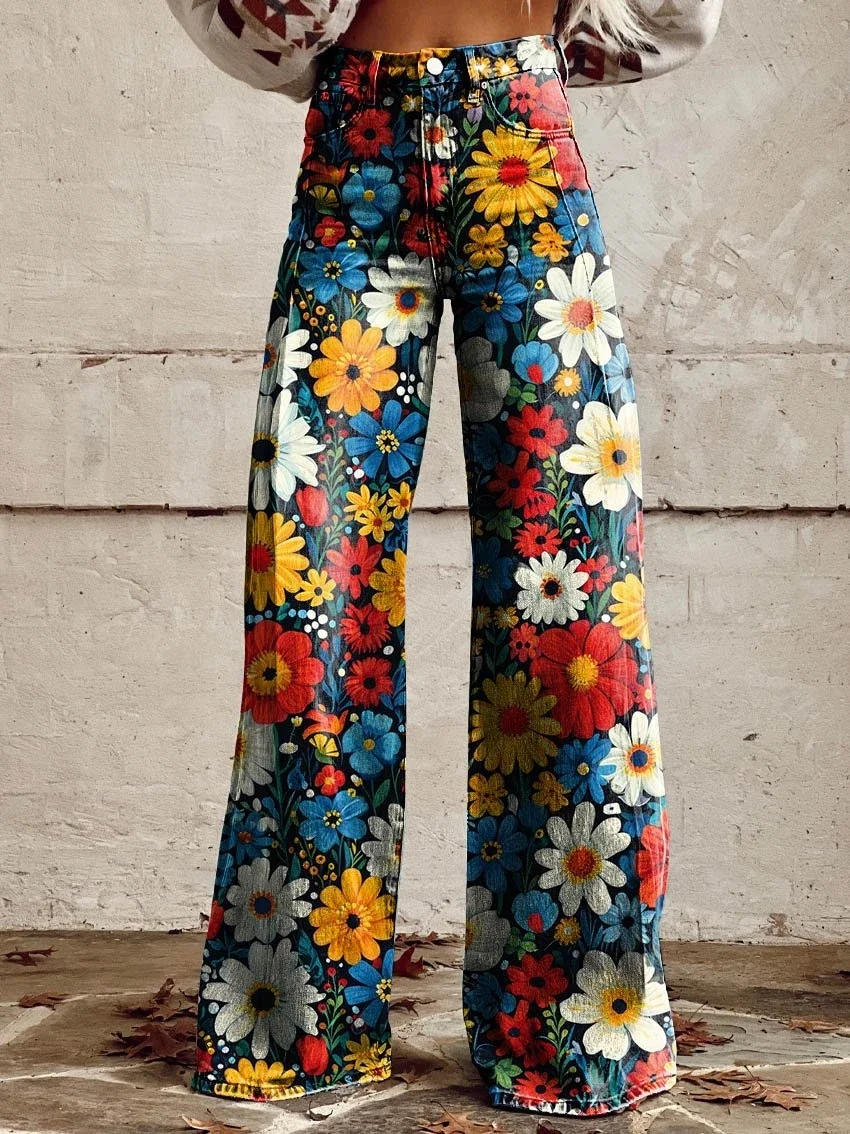 Floral-Women-s-Extra-Long-Pants-Korean-Style-Elegant-High-Waisted-Wide ...