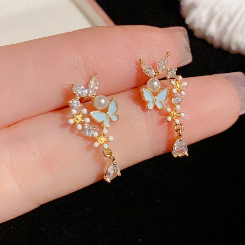 Korean-Cute-Flower-Butterfly-Stud-Earrings-For-Women-Exquisite-Pearl-Zircon-Hollow-Design ...
