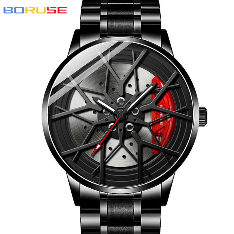 BORUSE-Fashion-Mens-Car-Wheel-Watches-Luxury-Stainless-Steel-Waterproof-Watch-Men-Quartz ...