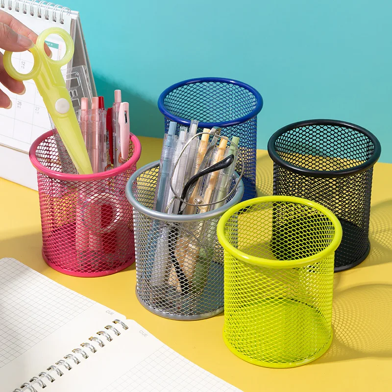 Pencil-Holder-Container-Storage-Office-Desk-Metal-Mesh-Square-Round-Pen ...