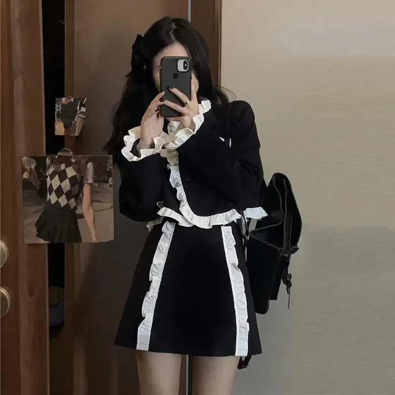 2025 New Fashion Skirt Suit Women Korean Design Ruffled Contrast Color ...