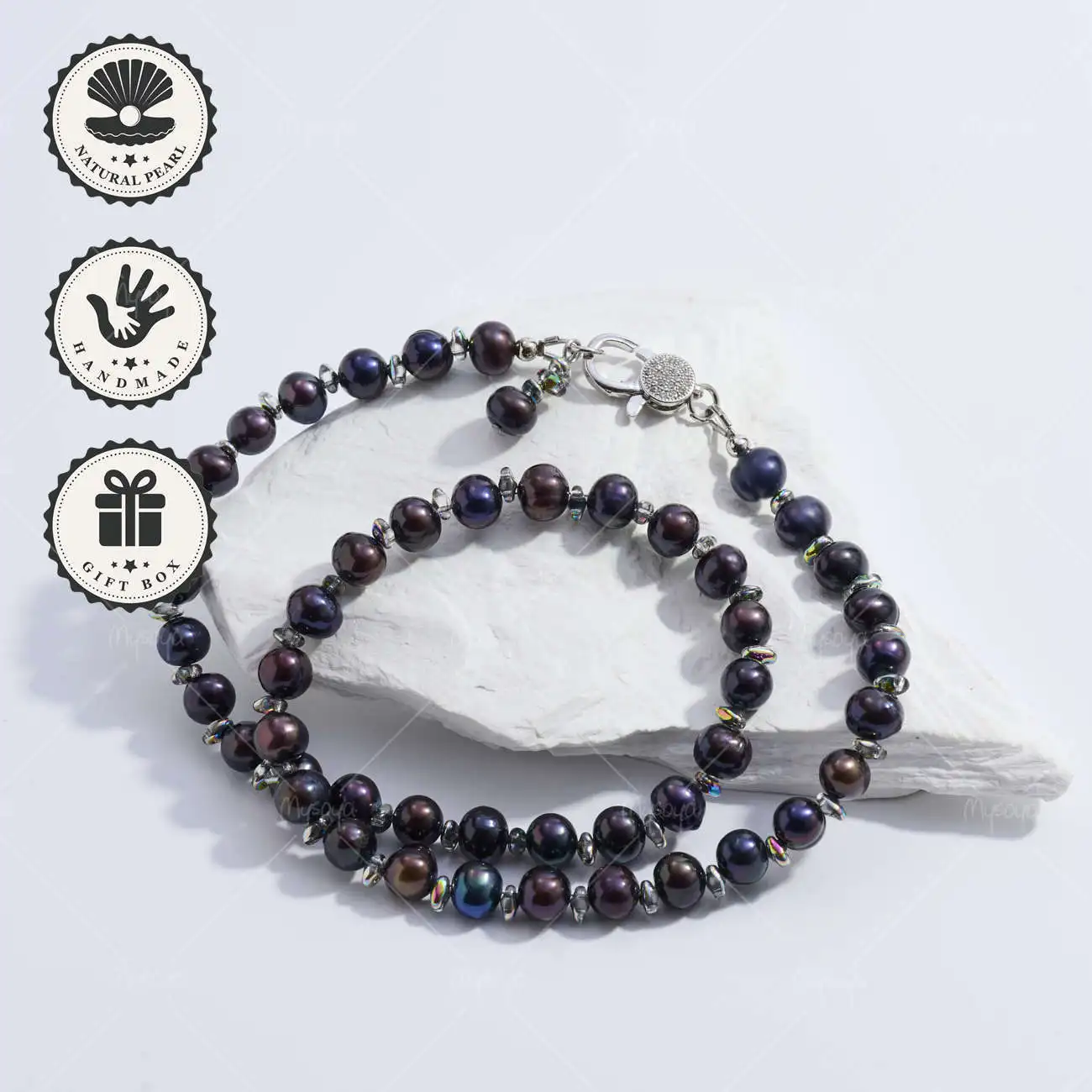 MYSOYA Black Freshwater Pearl Necklace 8-9mm with Czech Beads, Gift Box ...