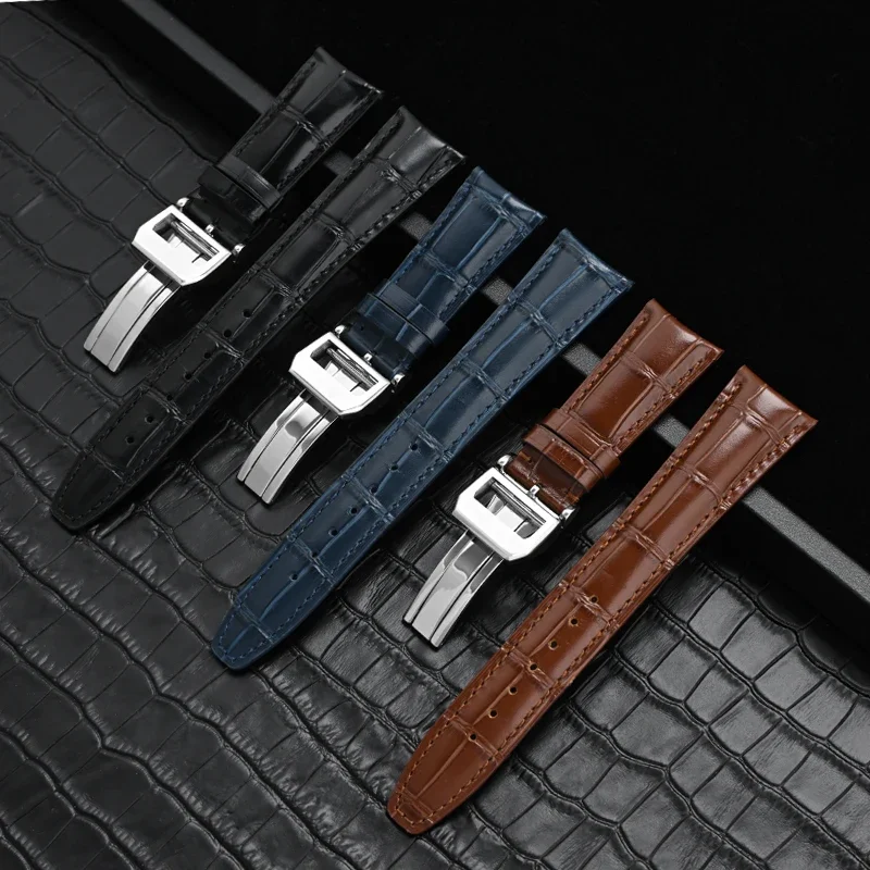 Genuine-Leather-Strap-Stainless-Steel-Folding-Buckle-Men-Women-Curved ...