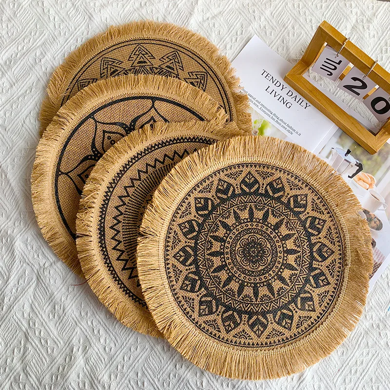 Nordic woven table tea cup mat meal mat with tassel cotton linen table ...