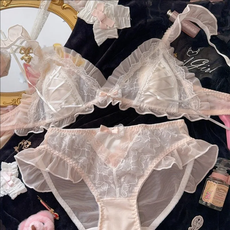 Japanese lace triangle cup sweet bra set thin no underwire underwear ...