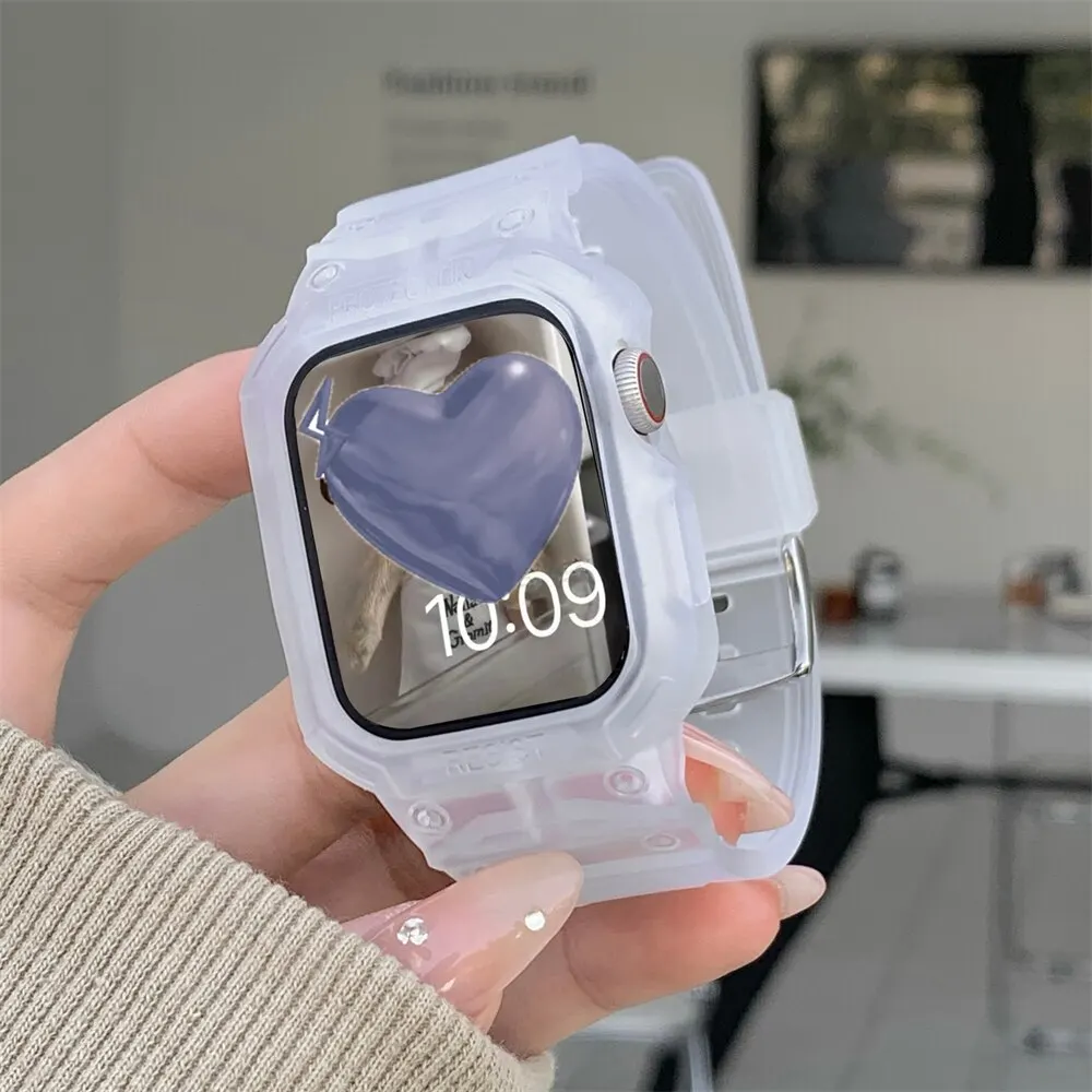Fashion Transparent Silicone Band + Case For Apple Watch 7 6 SE 5 4 3 2 ...