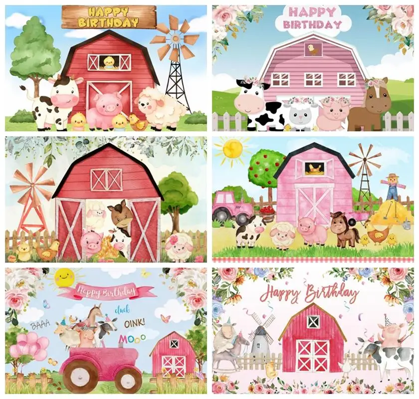 Laeacco-Cartoon-Farm-Barn-Backdrop-Red-Farmhouse-Barnyard-Cute-Animals ...