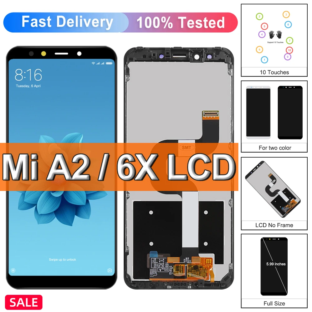 5.99 "오리지널 Xiaomi Mi A2 LCD 디스플레이 터치스크린, 샤오미 A2 MiA2 Mi 6X Mi6x ...