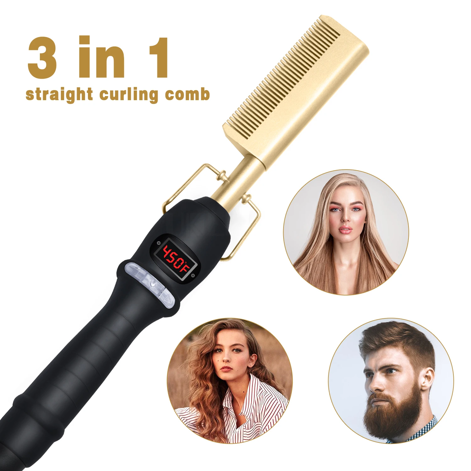 3 in 1 Hot Comb Hair Straightener Flat Irons Straightening Heating Comb ...