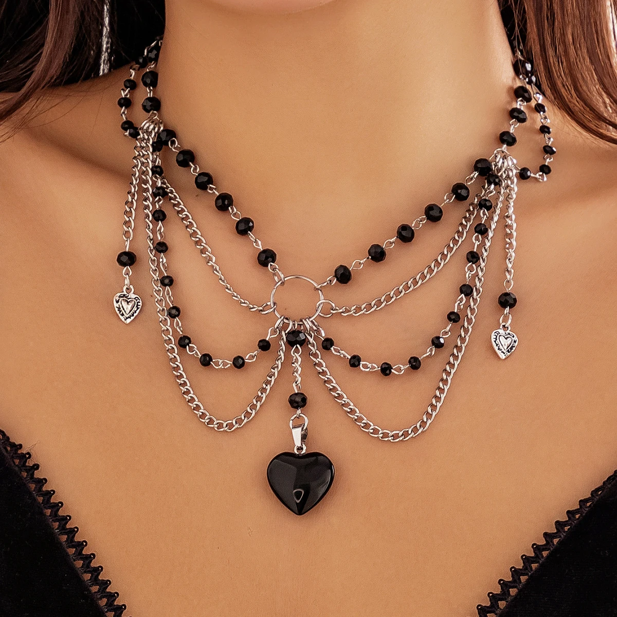 PuRui New Goth Crystal Beads Tassel Choker for Women Black Glass Heart ...