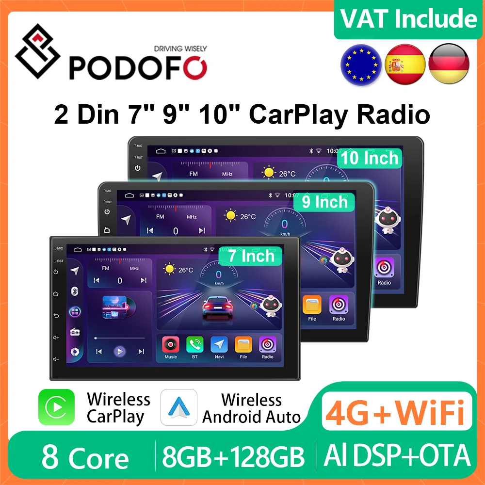 Podofo 2din 7" 9" 10" Carplay Android Car Radio Universally 4g Gps Autoradio 8g+128g Head Unit ...
