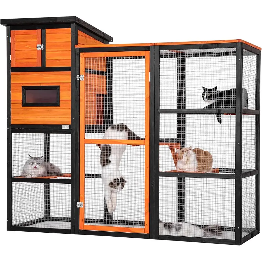 Catio Outdoor Cat Enclosure Waterproof PVC Roof, 4 Platforms & 2 ...