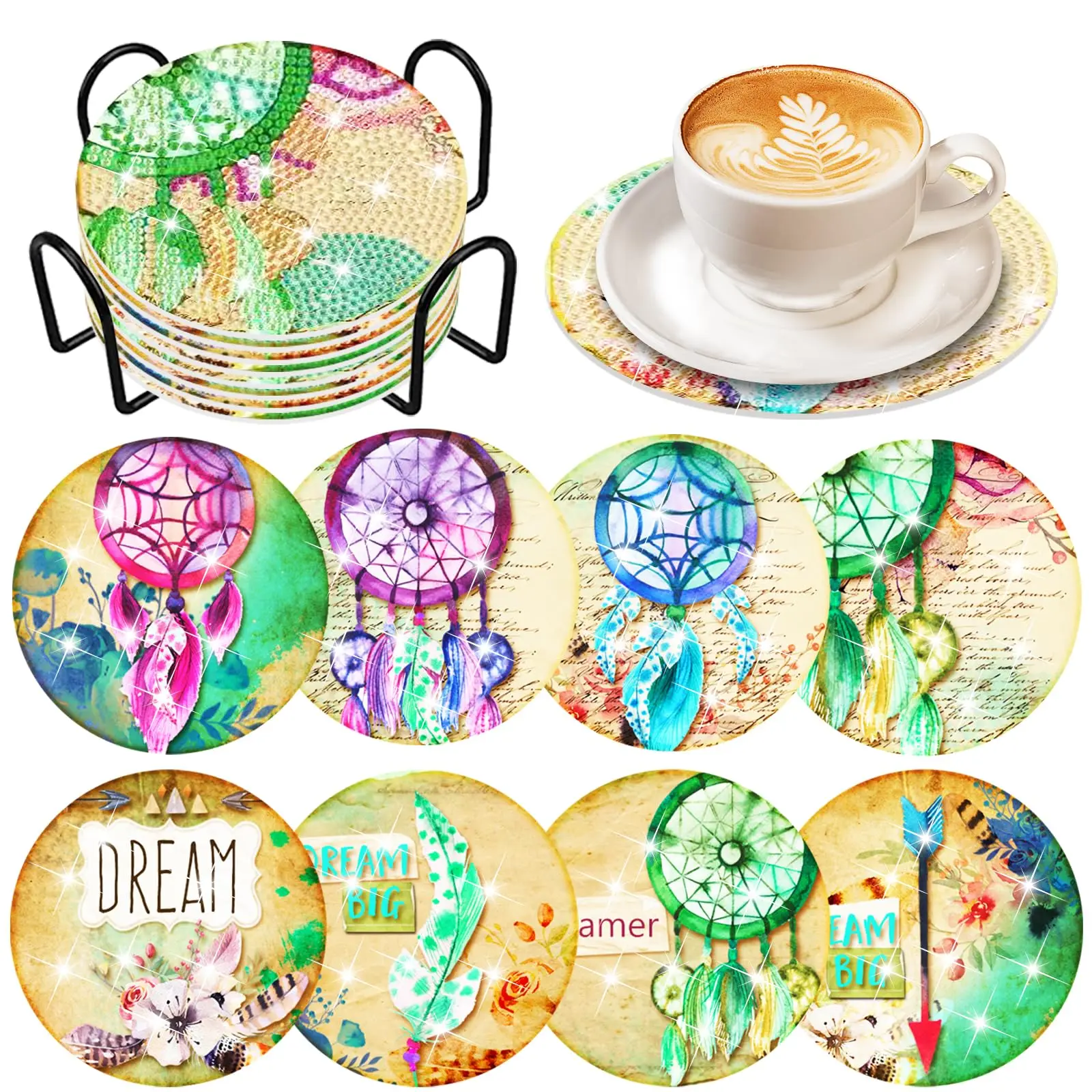 8-PCS-Dream-Catcher-Diamond-Art-Coasters-Diamond-Painting-Coasters-Kits ...