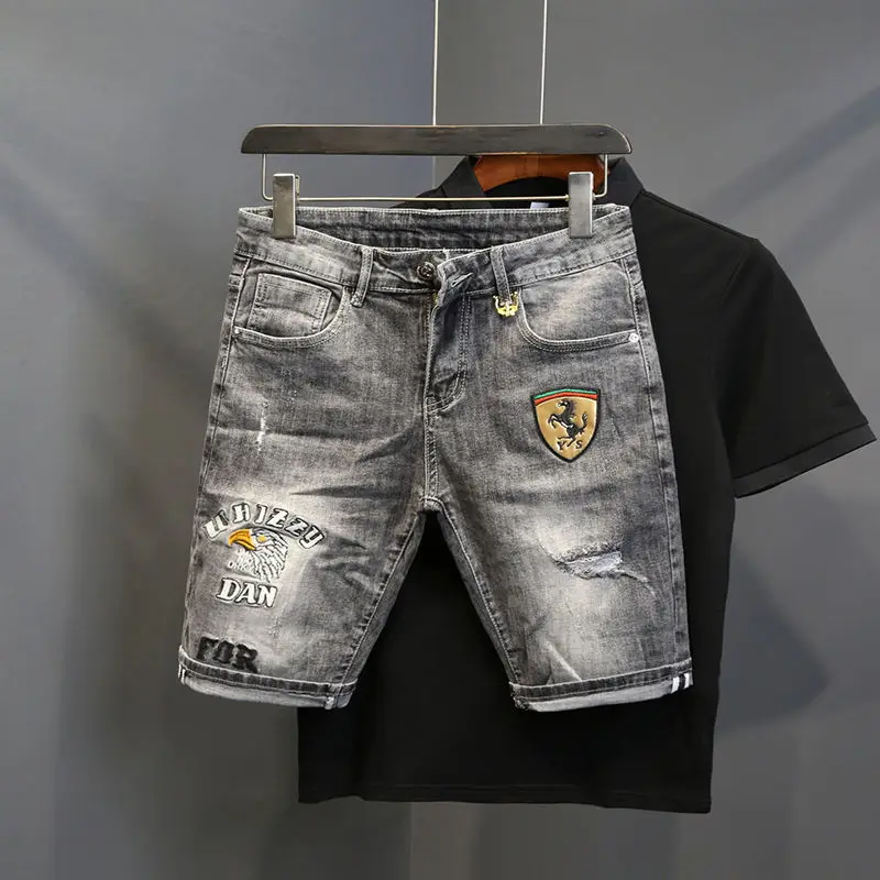 Short-jeans-bordado-el-stico-na-altura-do-joelho-masculino-jeans-casual ...