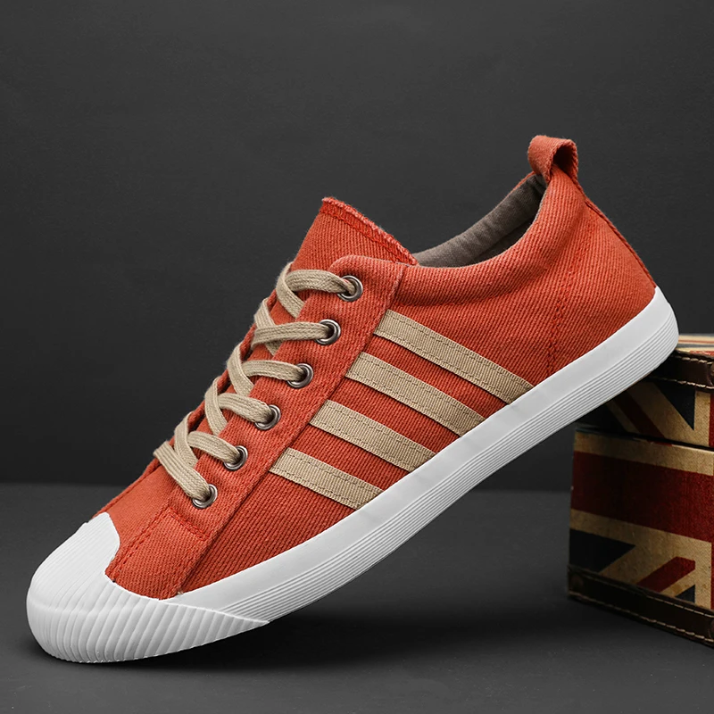 Summer-New-Men-s-Red-Canvas-Shoes-Striped-Design-Flat-Skateboard-Shoes ...