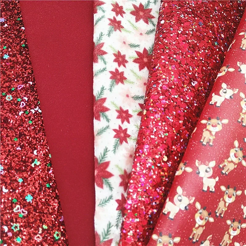 Red-Glitter-Leather-Sheets-Mistletoes-Reindeers-Printed-Synthetic ...