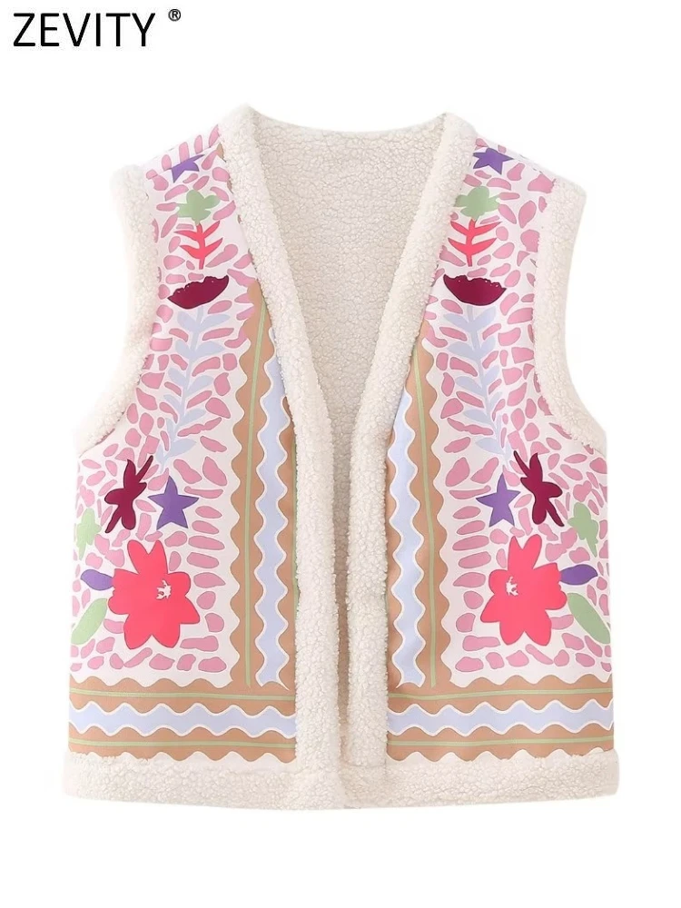 Zevity-2023-Women-Fashion-V-Neck-Sleeveless-Plush-Flower-Printed-Vest ...