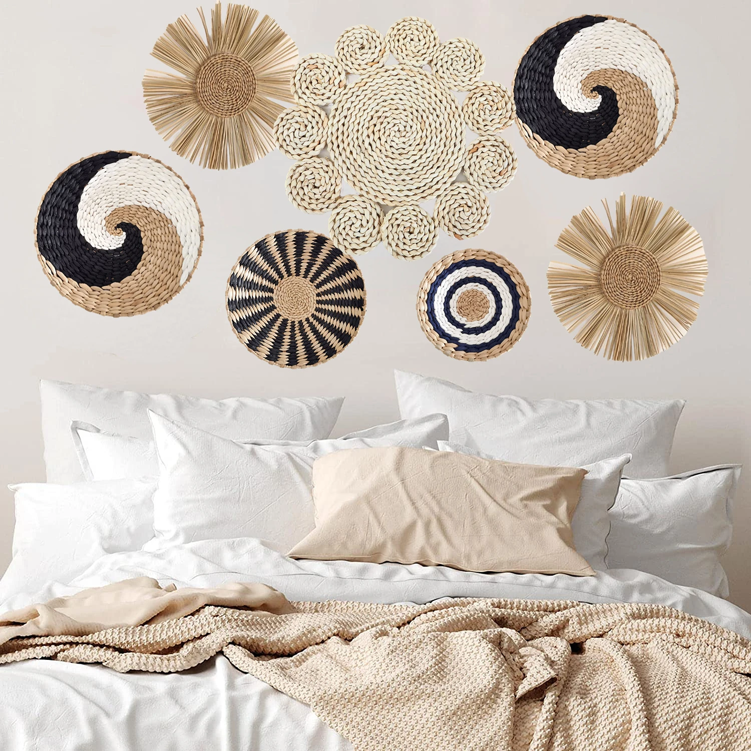 Straw Woven Wall Decoration Boho Rattan Wall Basket Decor Round Grass ...