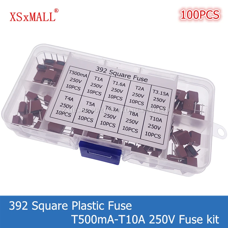 100PCS 392 Square Plastic Fuse Assortment Kit T500mA-T10A 250V 10Values ...