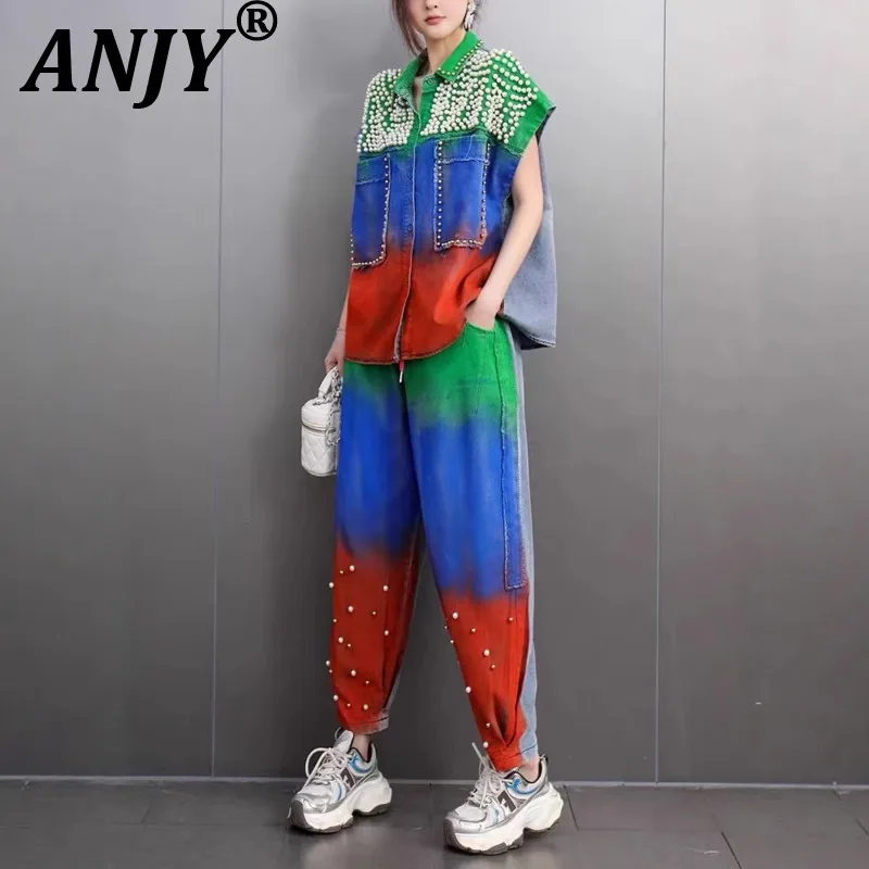 ANJY Summer New Women Chic Denim Two-piece Set Beaded Short Sleeve ...