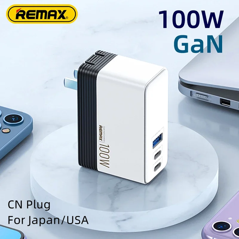 REMAX-GaN USB tipo C Carregador Rápido, 100W, PD, QC, Carga Rápida 3.0, 2.0, Carregador USB para ...