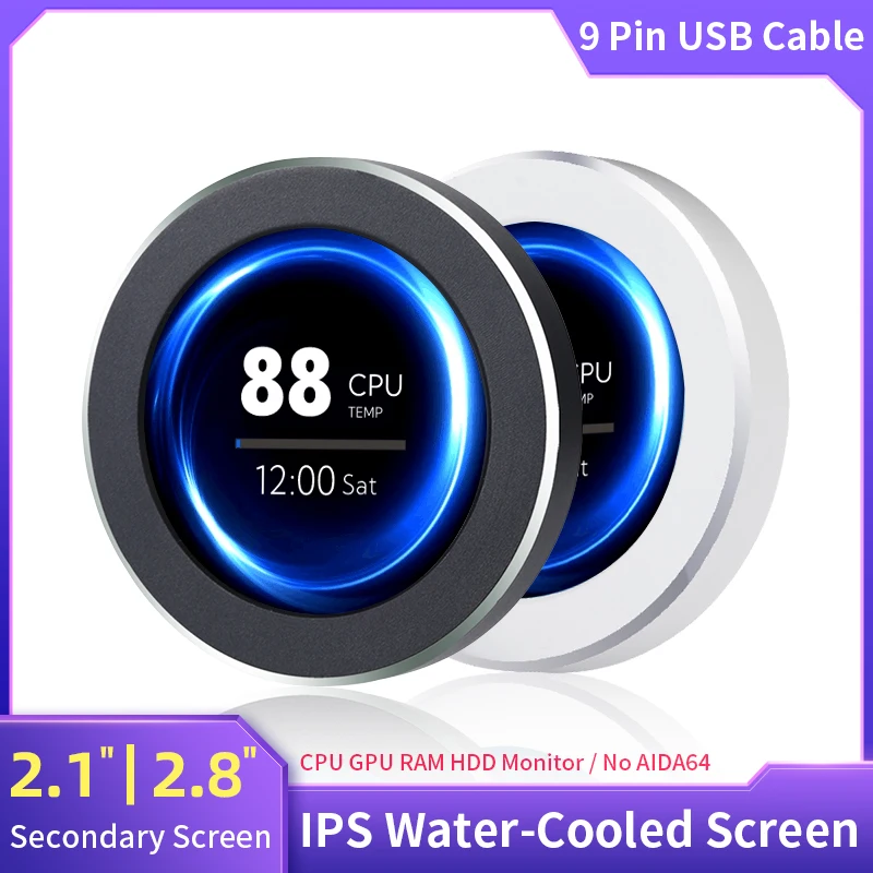 Tela secundária IPS USB, display LCD redondo refrigerado a água, CPU, GPU, RAM, monitoramento de ...