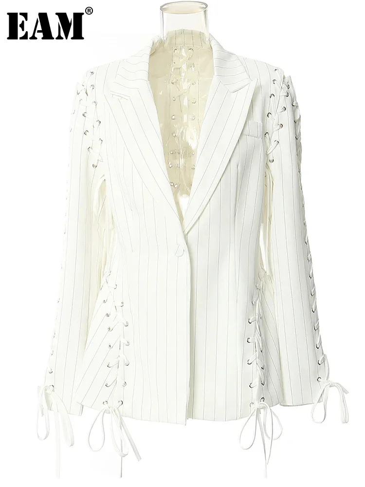 EAM-Women-Beige-Striped-String-Bandage-Elegant-Blazer-New-Lapel-Long ...