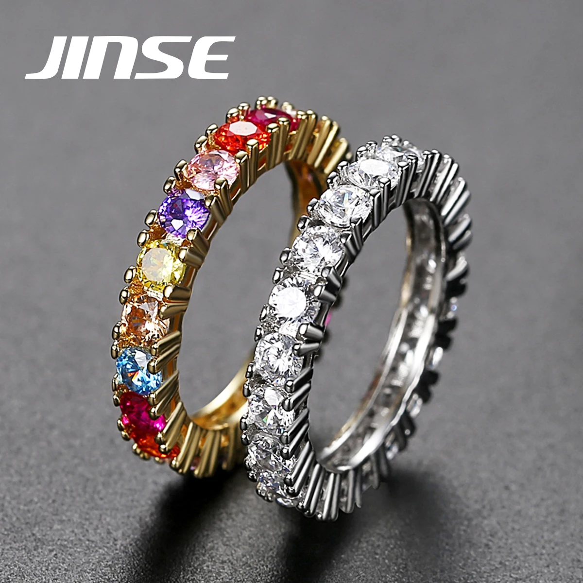 JINSE-Gold-Color-Cubic-Zirconia-Baguette-Ring-For-Women-Men-Round-Shape ...