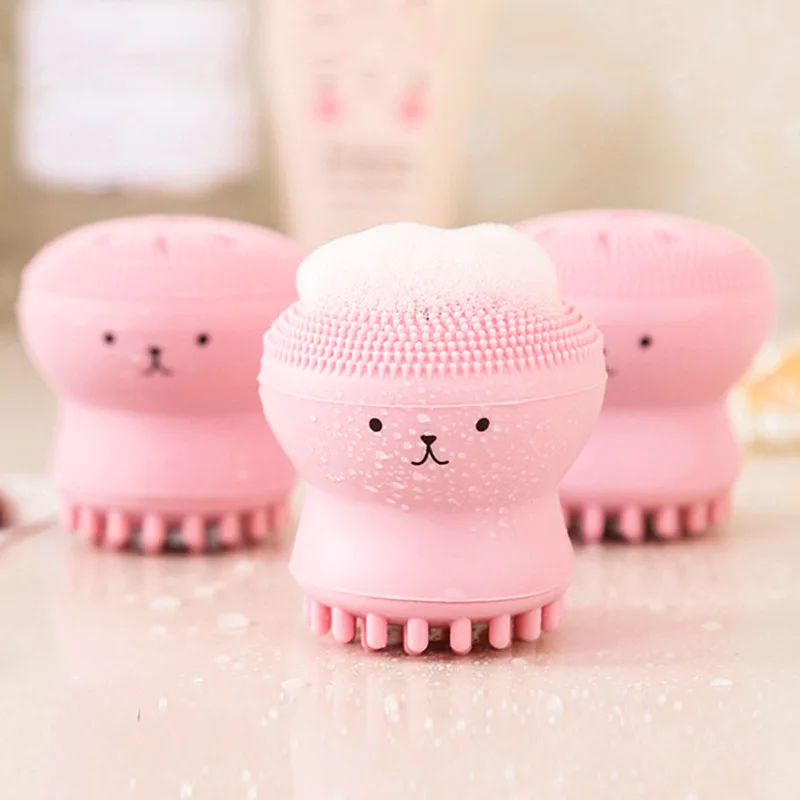 Pink Octopus Facial Brush With Sponge Skin Cleaning Brush Face Cleaner ...