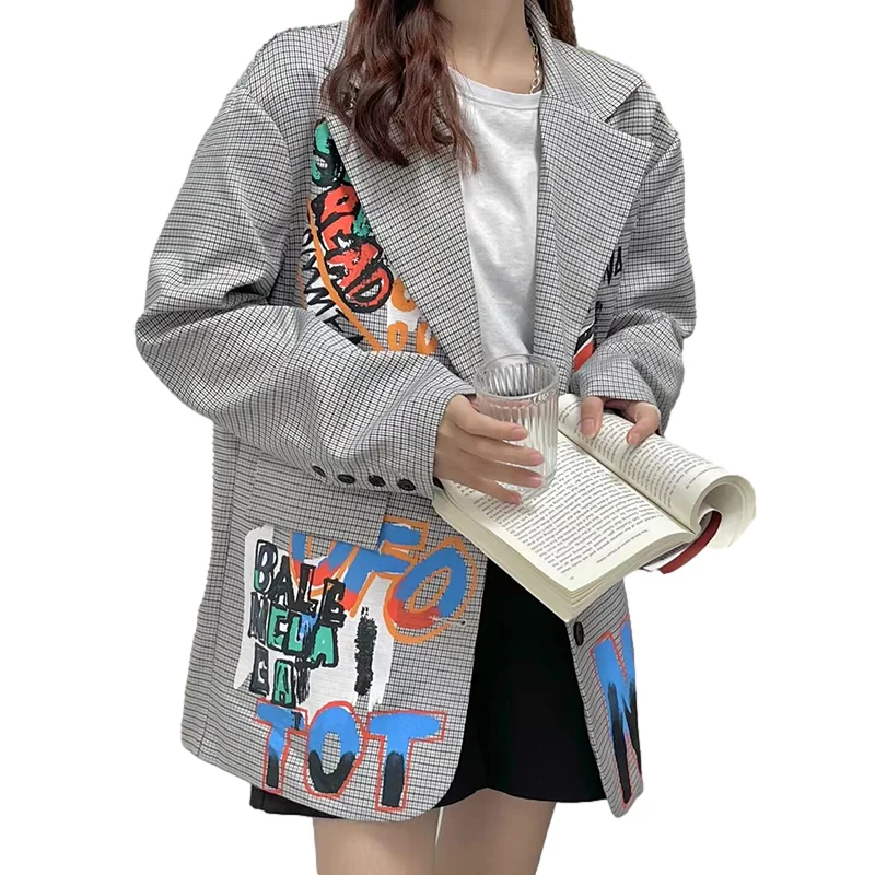 Graffiti-Letters-British-Style-Blazer-Women-Mid-Long-Suit-Jacket-Coat ...