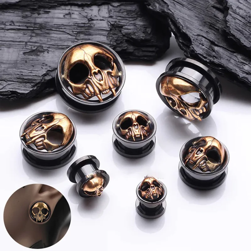 1Pair-Skull-Stainless-Steel-Ear-Plugs-Single-Flare-Tunnel-Ear-Gauges ...