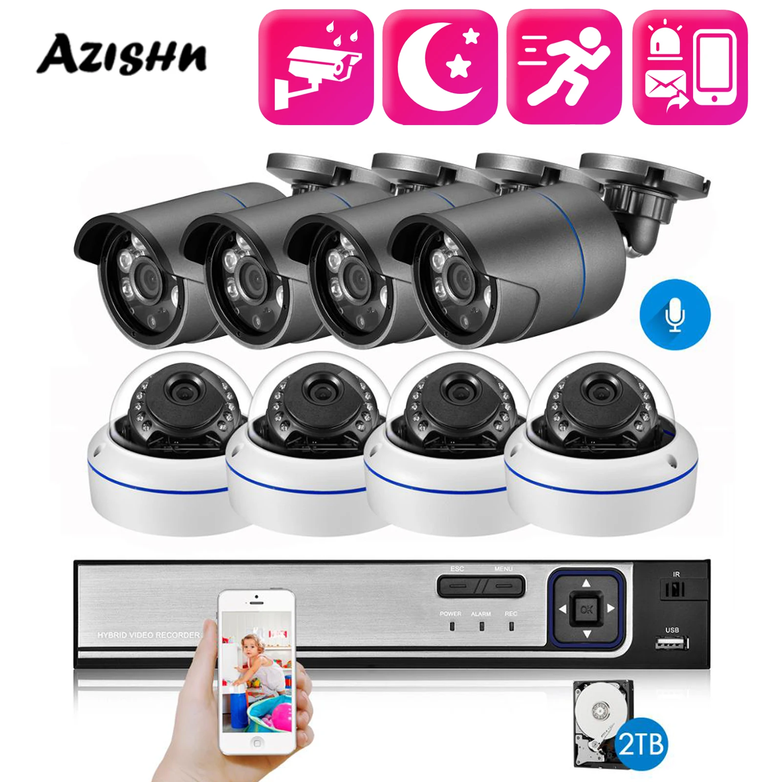AZISHN Outdoor Infrared Waterproof Closed Circuit 8CH 5MP NVR Kit ...