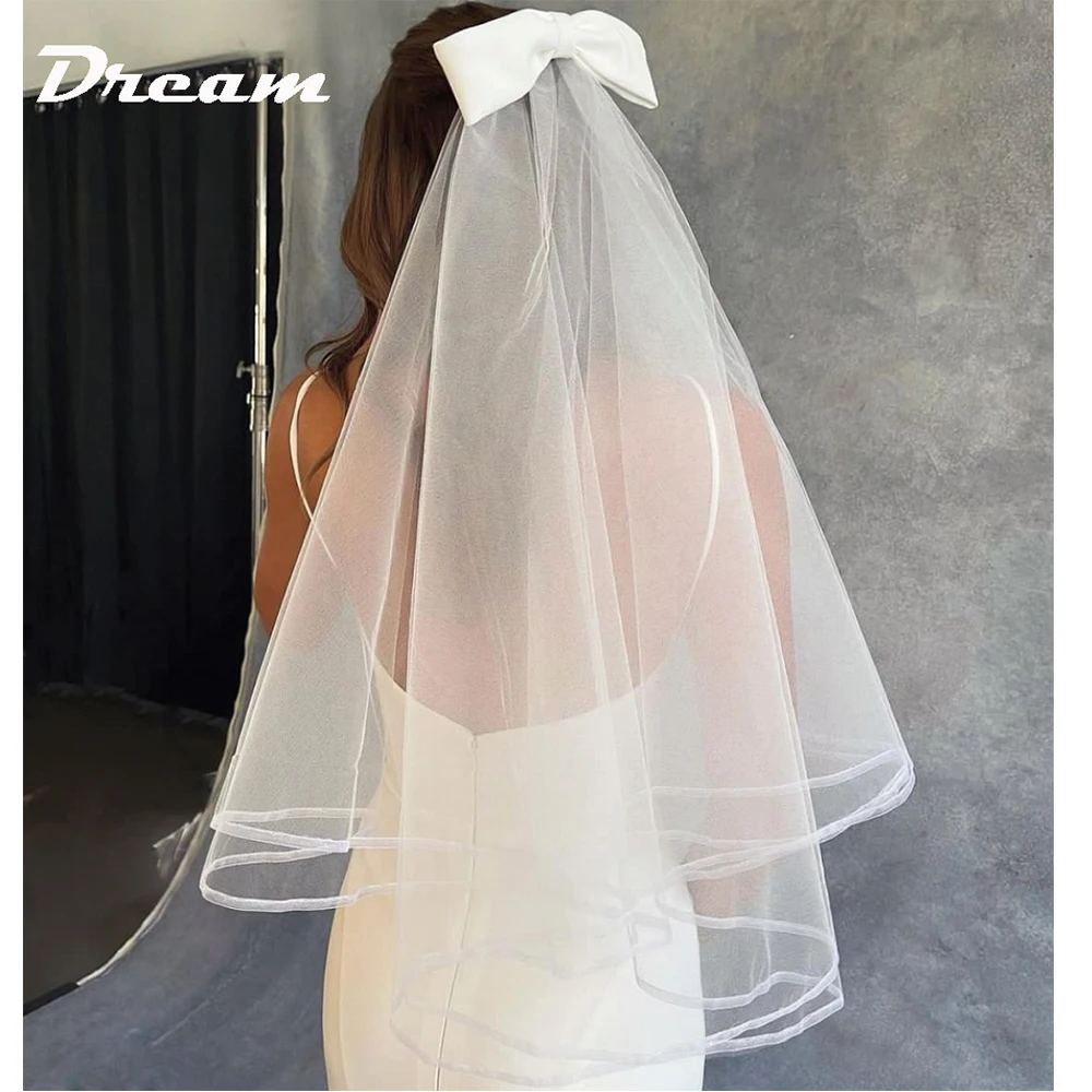 DREAM-White-Bow-Two-Layers-Simple-Wedding-Veils-Tulle-Short-Bridal-Veil ...