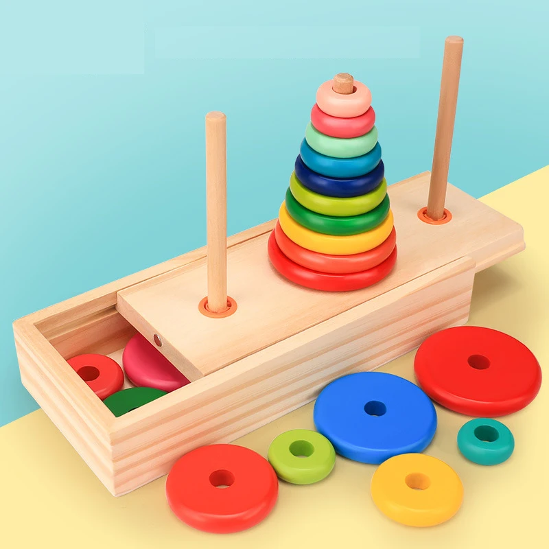 10 Layers Classic Wooden Puzzle Stack Hanoi Tower With Storage Box Kids ...