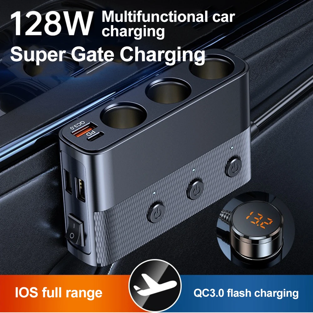 7-in-1-128W-Car-Charger-Adapter-PD-QC3-0-Socket-Cigarette-Lighter ...