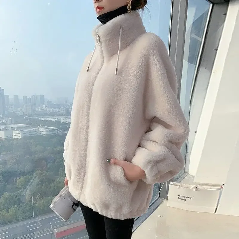 Korean-Style-Loose-Fit-Lamb-Wool-Jacket-For-Women-Stand-Collar ...