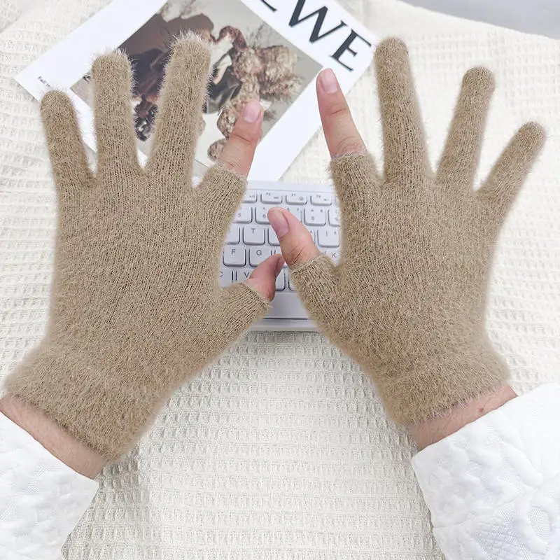 Winter Gloves Leak Two Fingers Imitation Mink Fur Warm Thickened ...