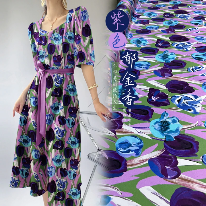 Telas de seda Natural con estampado Digital, Material de sarga elástica, patrón de tulipán, tela ...